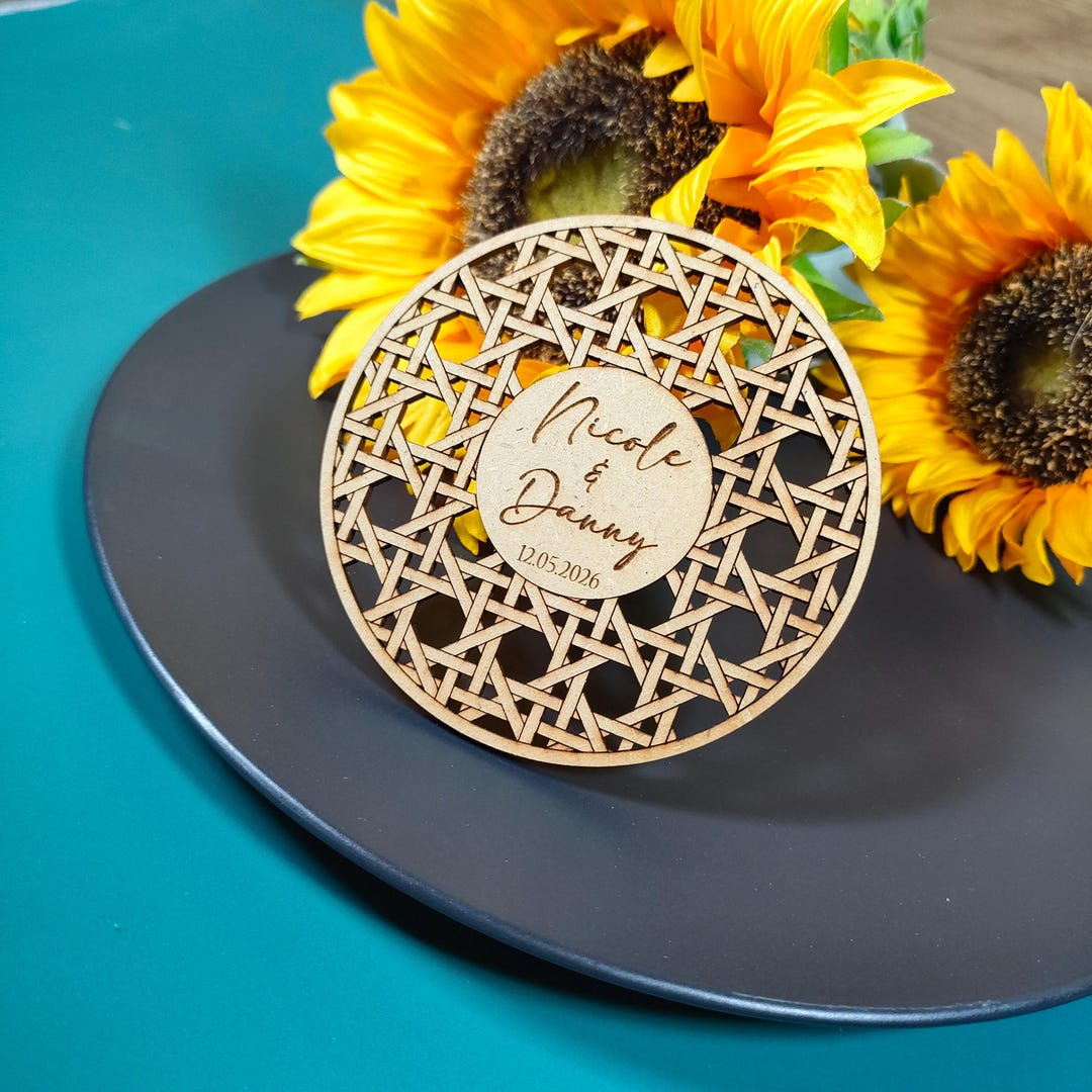 Rattan Wedding Coaster, Bridal Shower Round Coasters, Name & Date Place ...