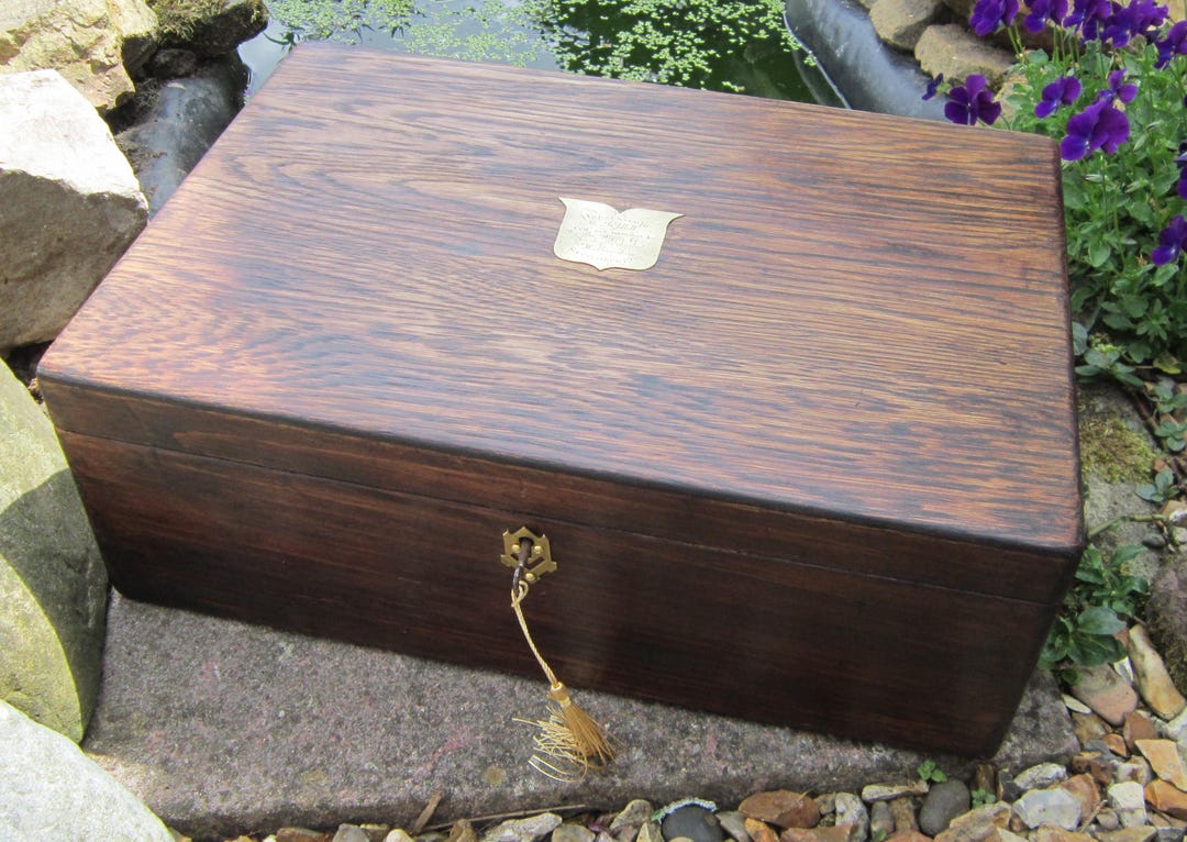 Large Antique Oak & Hardwood Cutlery Box With 2 Lift Out Tray and Lock ...