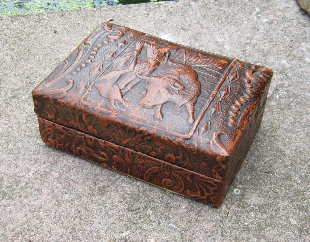 Small Vintage Leather Cased Wooden Box With Embossed Design of Matador ...