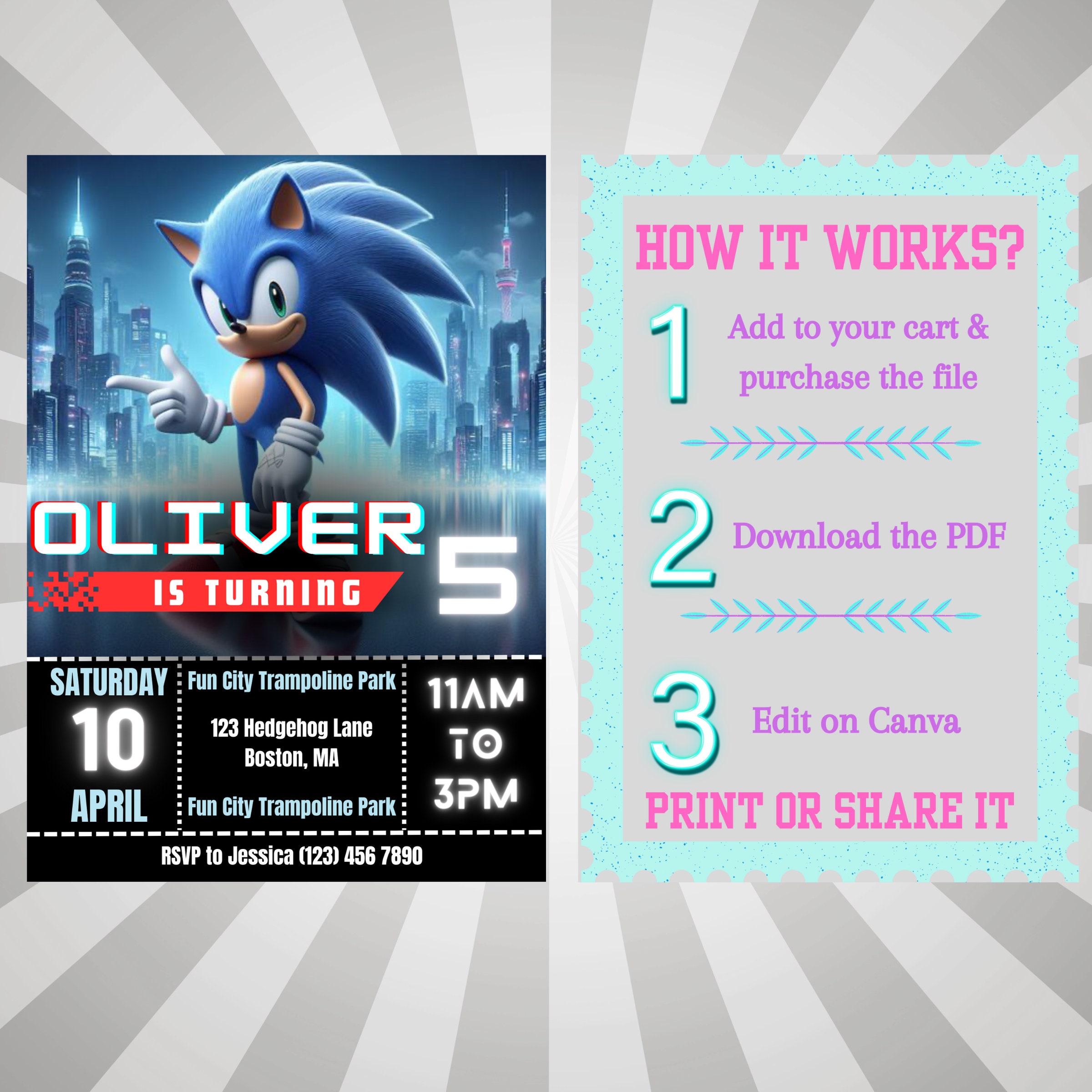 Sonic Birthday Invitation, Super Hedgehog Party Invite, Super Sonic ...