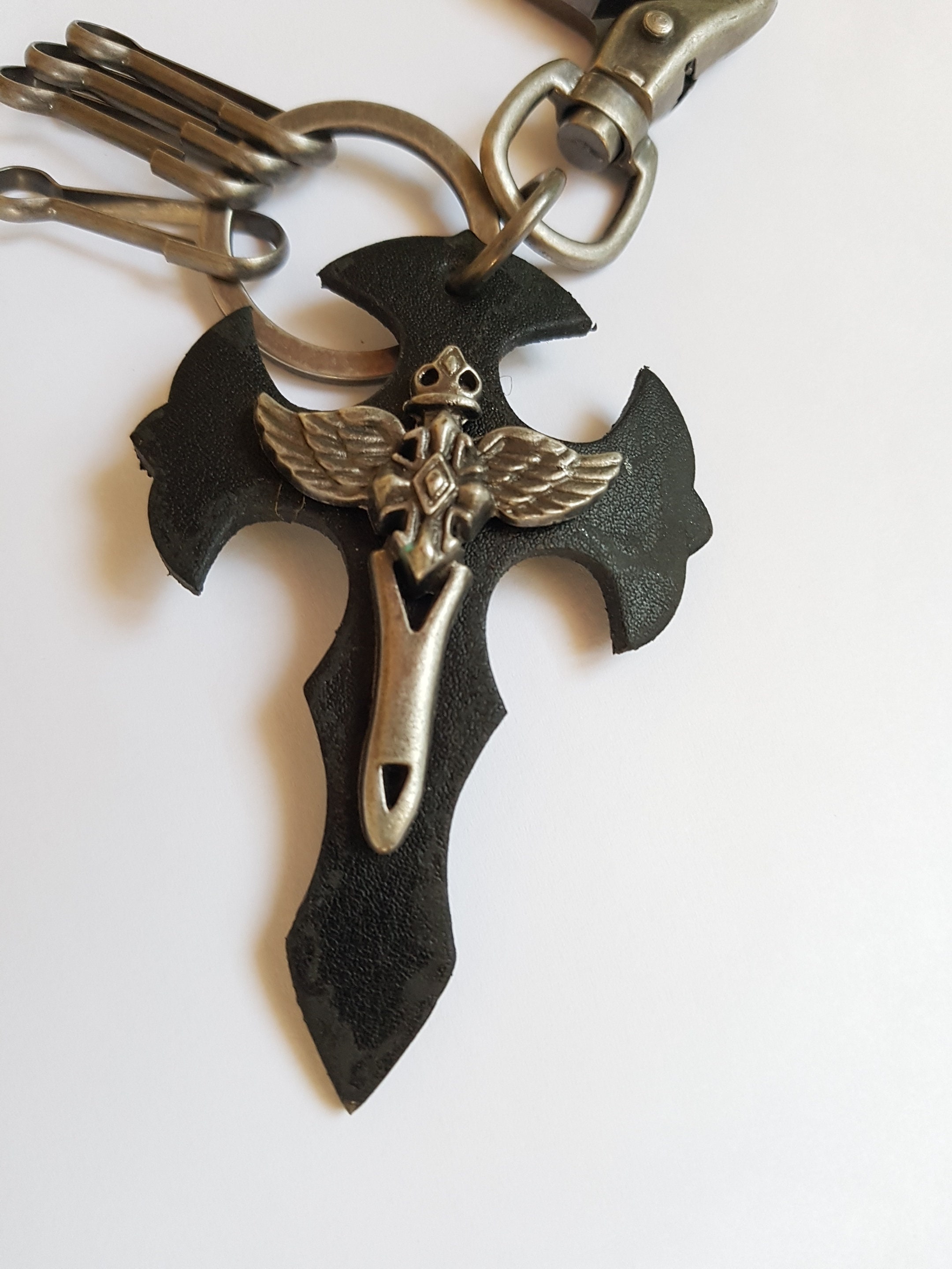 Cross Keychain Keyring Silver Cross Leather Key Fob - Etsy