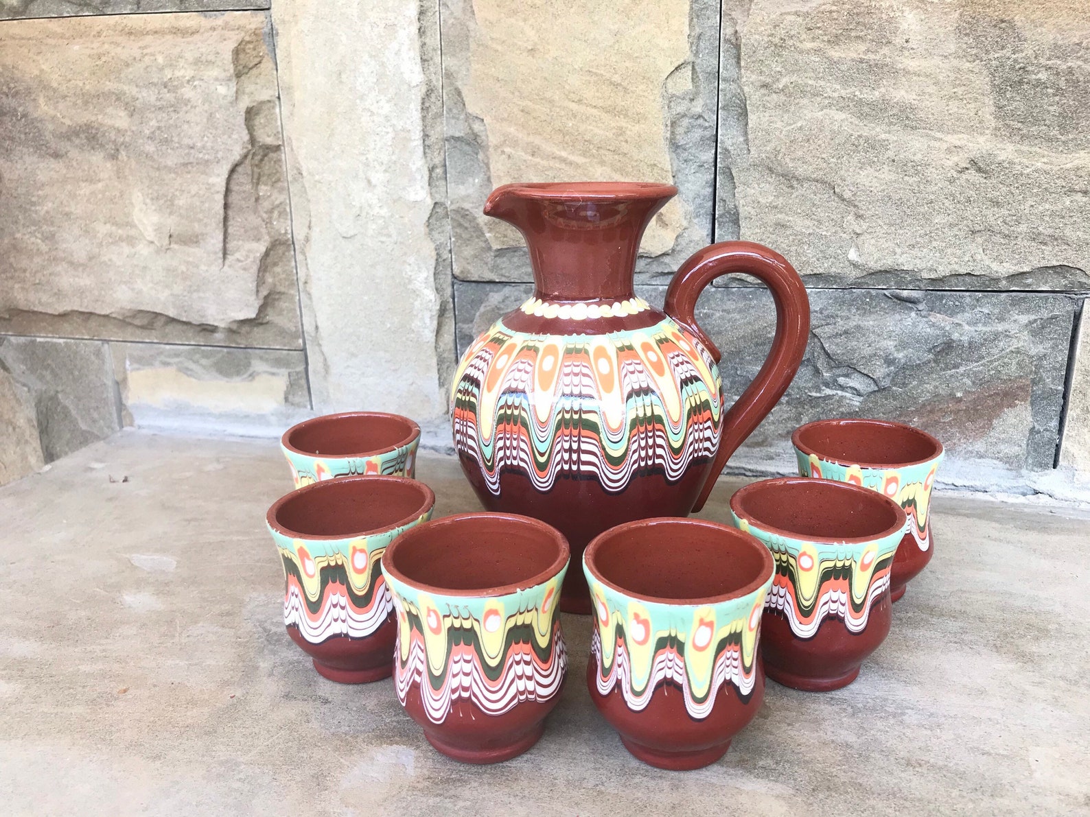 Bulgarian pottery Service Service for brandy Pitcher with 6 | Etsy