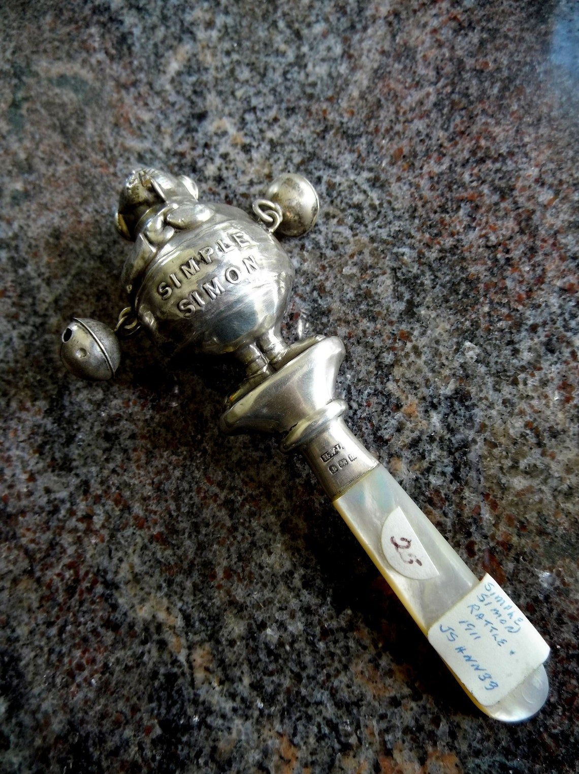 Antique English Sterling Silver Double Sided Simple Simon Baby Rattle ...