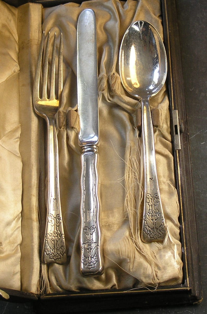 Stunning Antique Sterling Youth Child Flatware Set in Leather Box ...