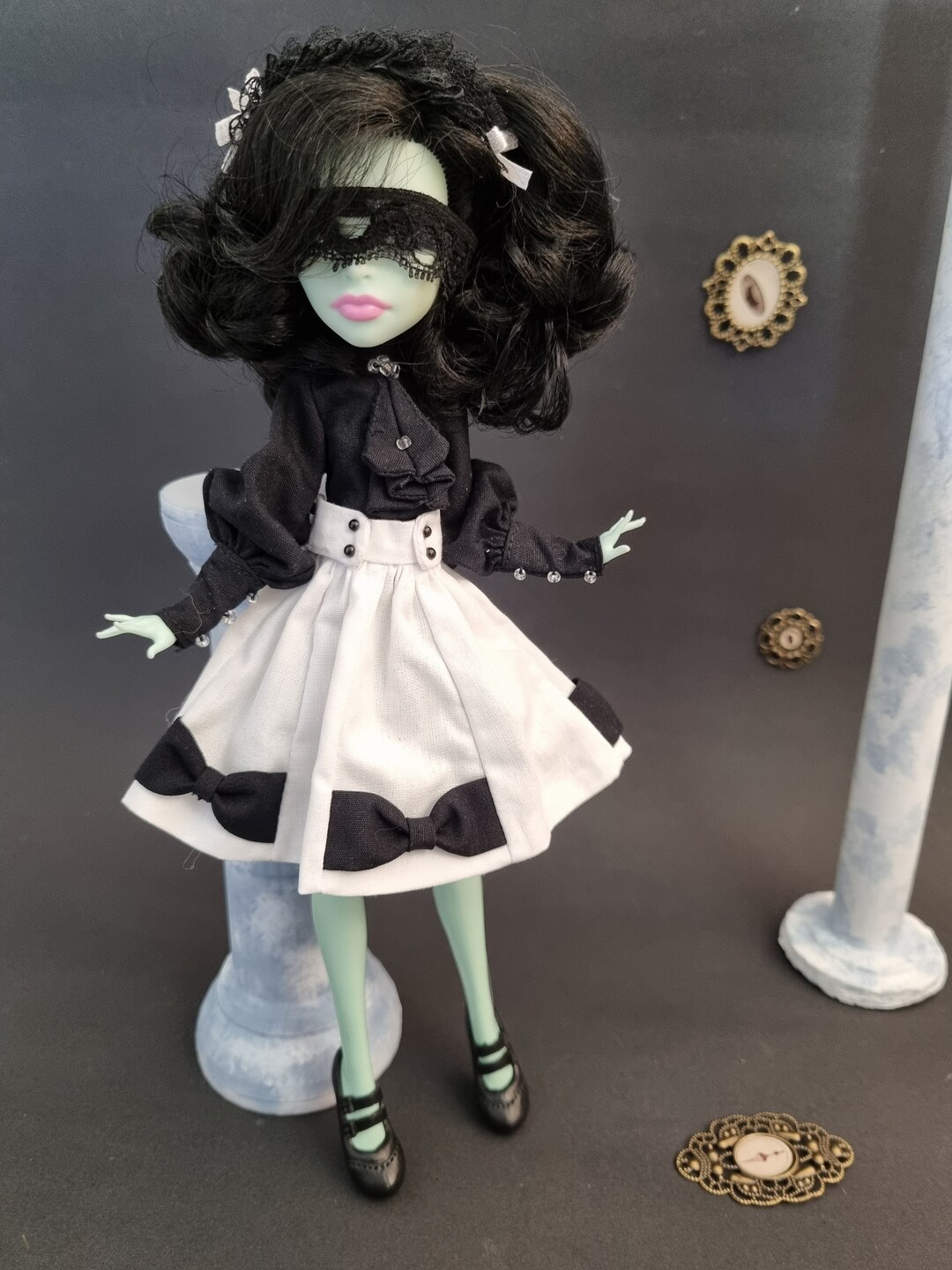 Black or White Blouse With Jabot Neck Tie and Long Sleeves - Monster ...