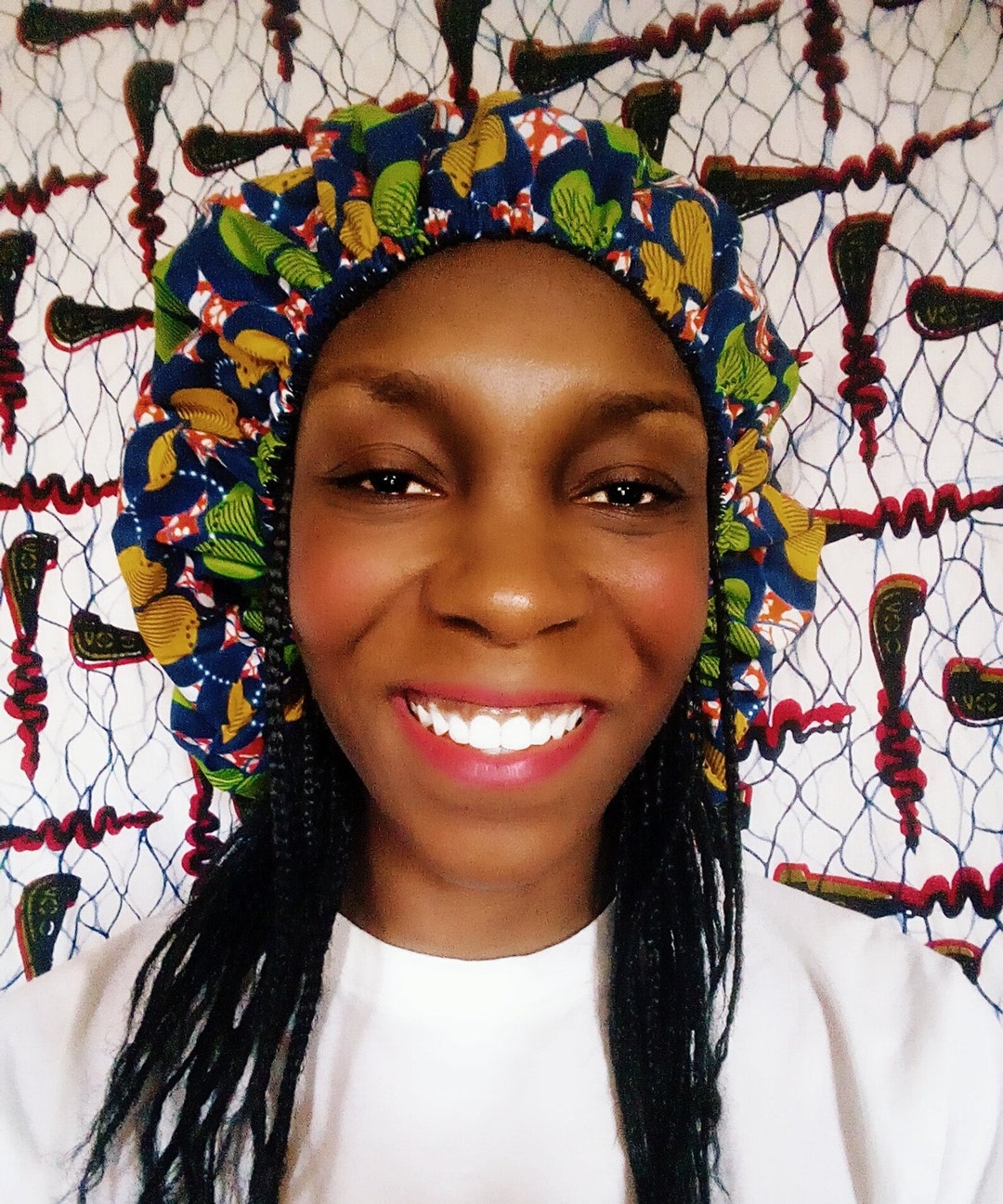 Women's Satin Wax Bonnet Blue Yellow and Green Hair Protection During ...