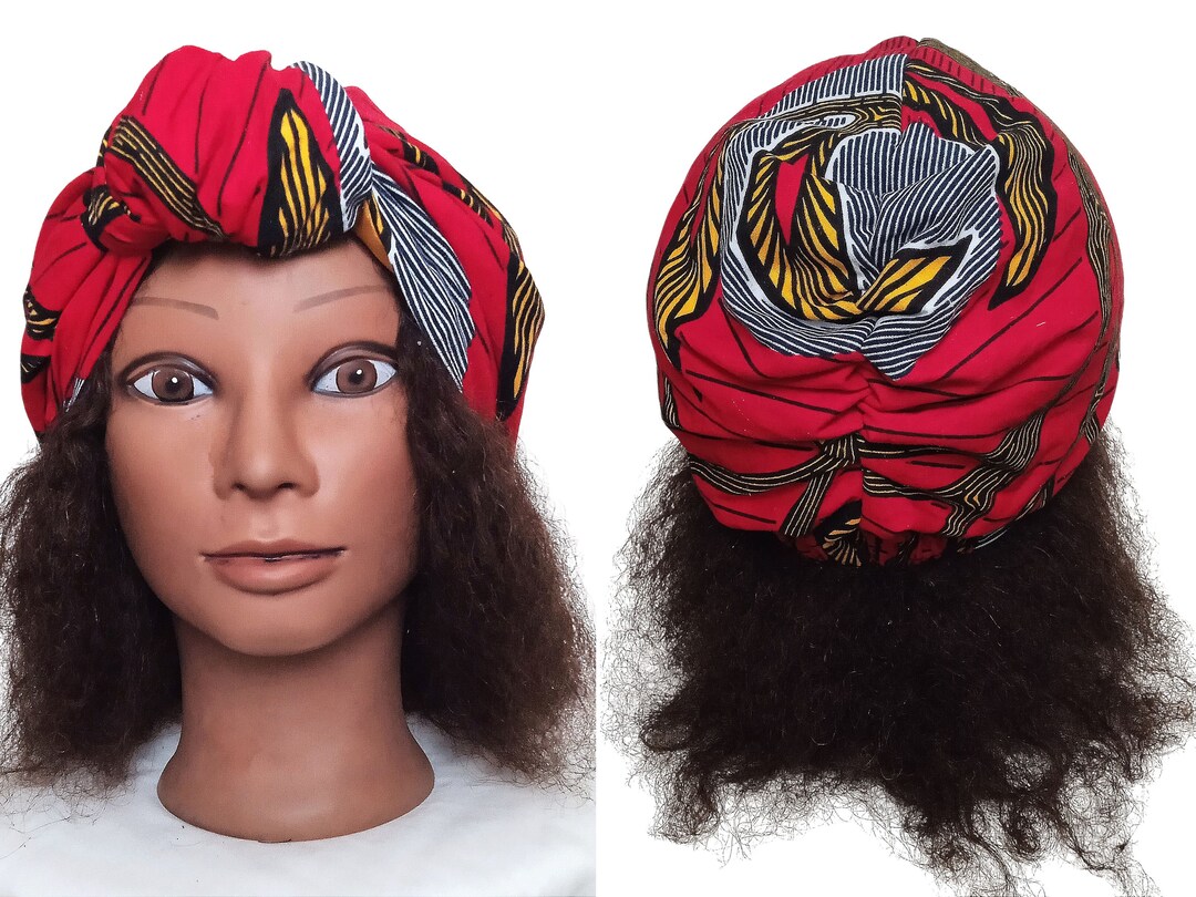 Bonnet Nuit Chimio en Pagne Africain Rouge et Motif Orange Noir Gris ...