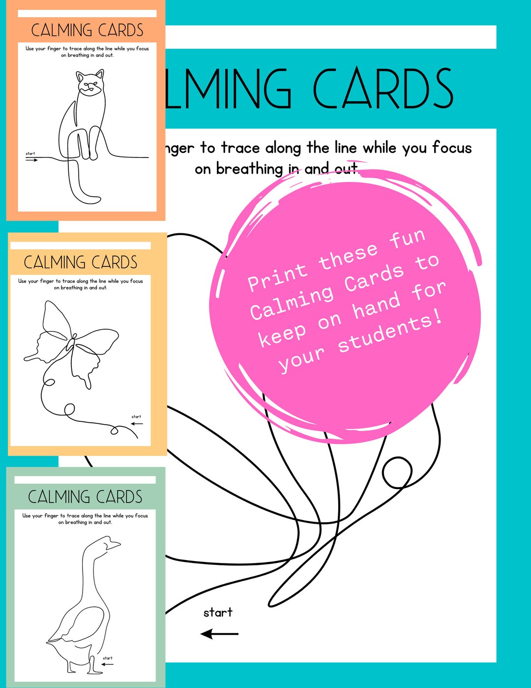 Printable SEL Calming Cards, Animal Tracing Calming Cards, Art Therapy ...