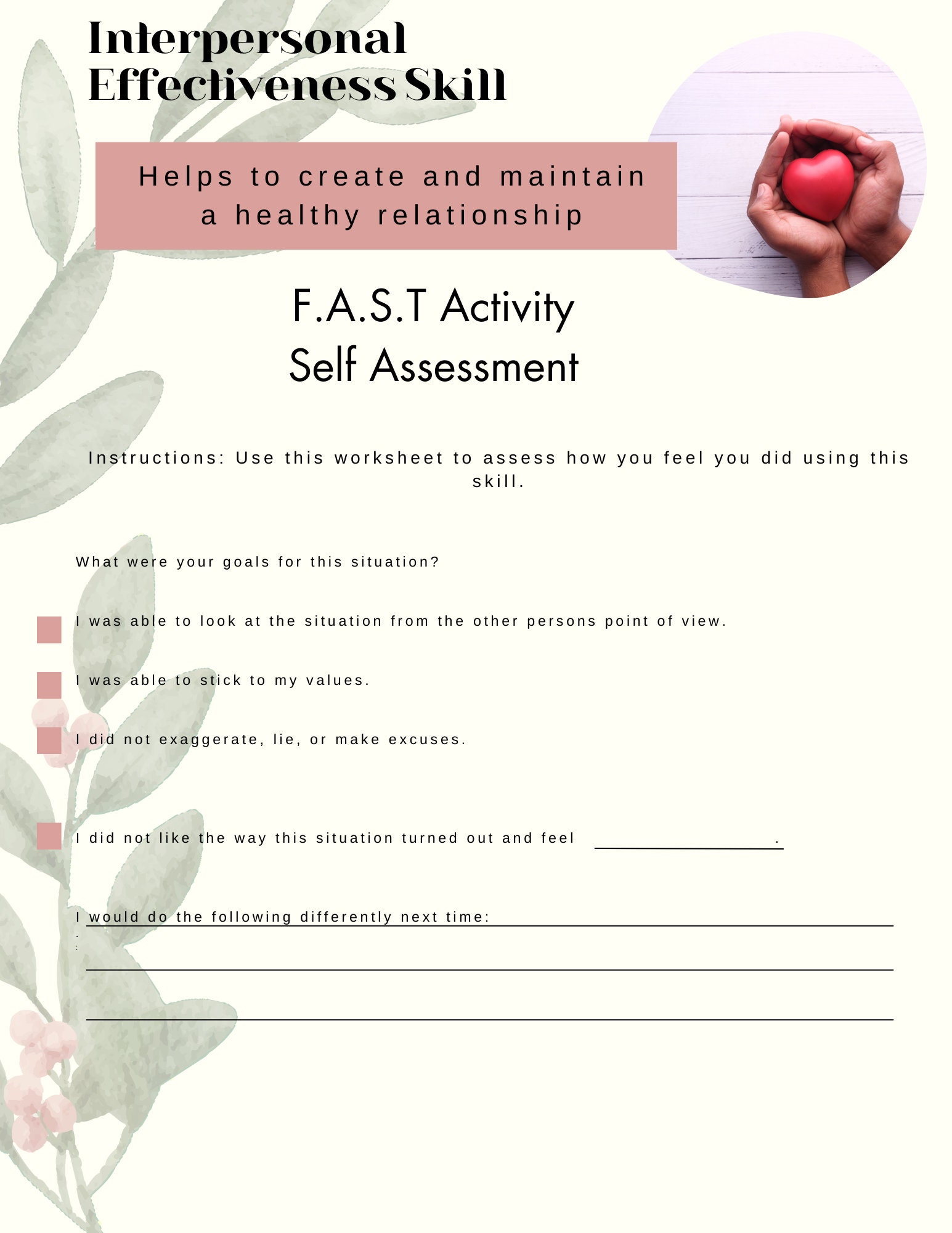 DBT Activity Book, FAST Skill, Interpersonal Effectiveness Skills ...