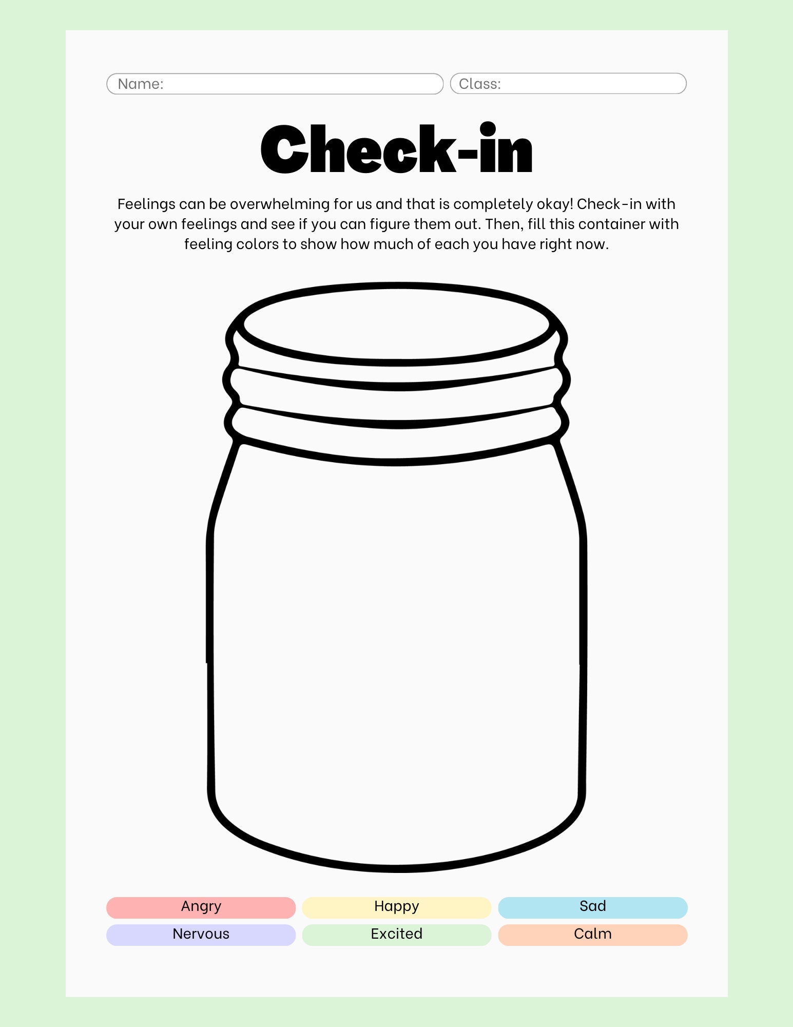 Check in Feelings Jar Worksheets, Printable Check in Jars for Preschool ...