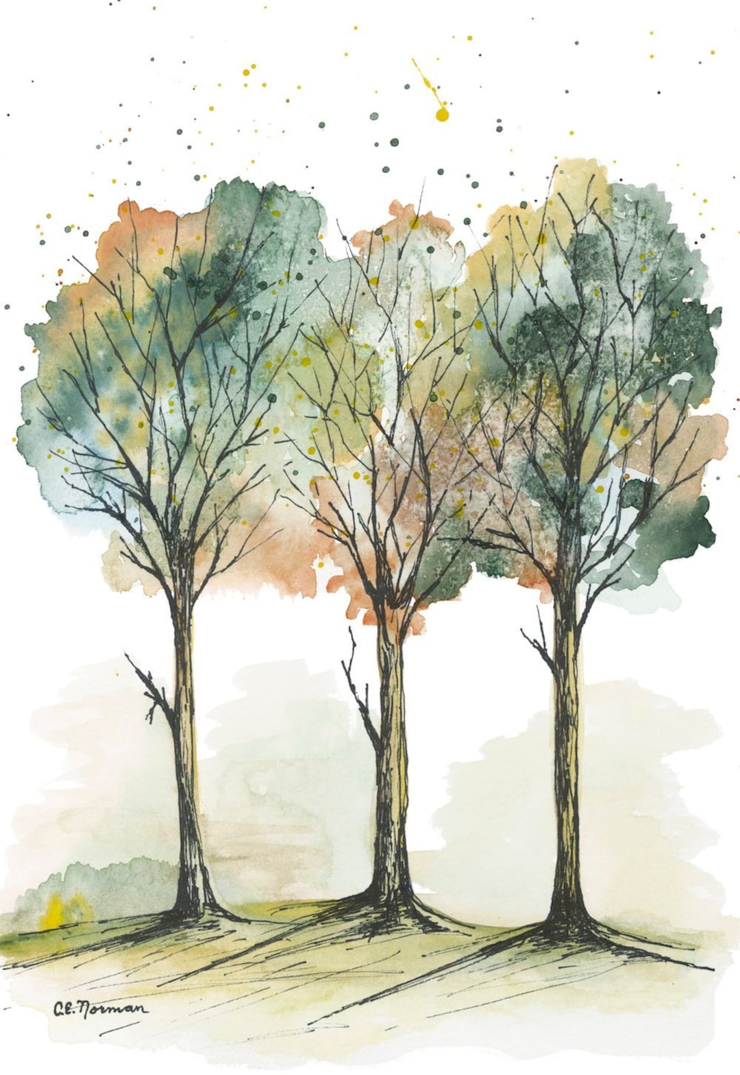 We Three Trees Watercolor Print: Fall Colors Nursery Art (8x10) - Etsy