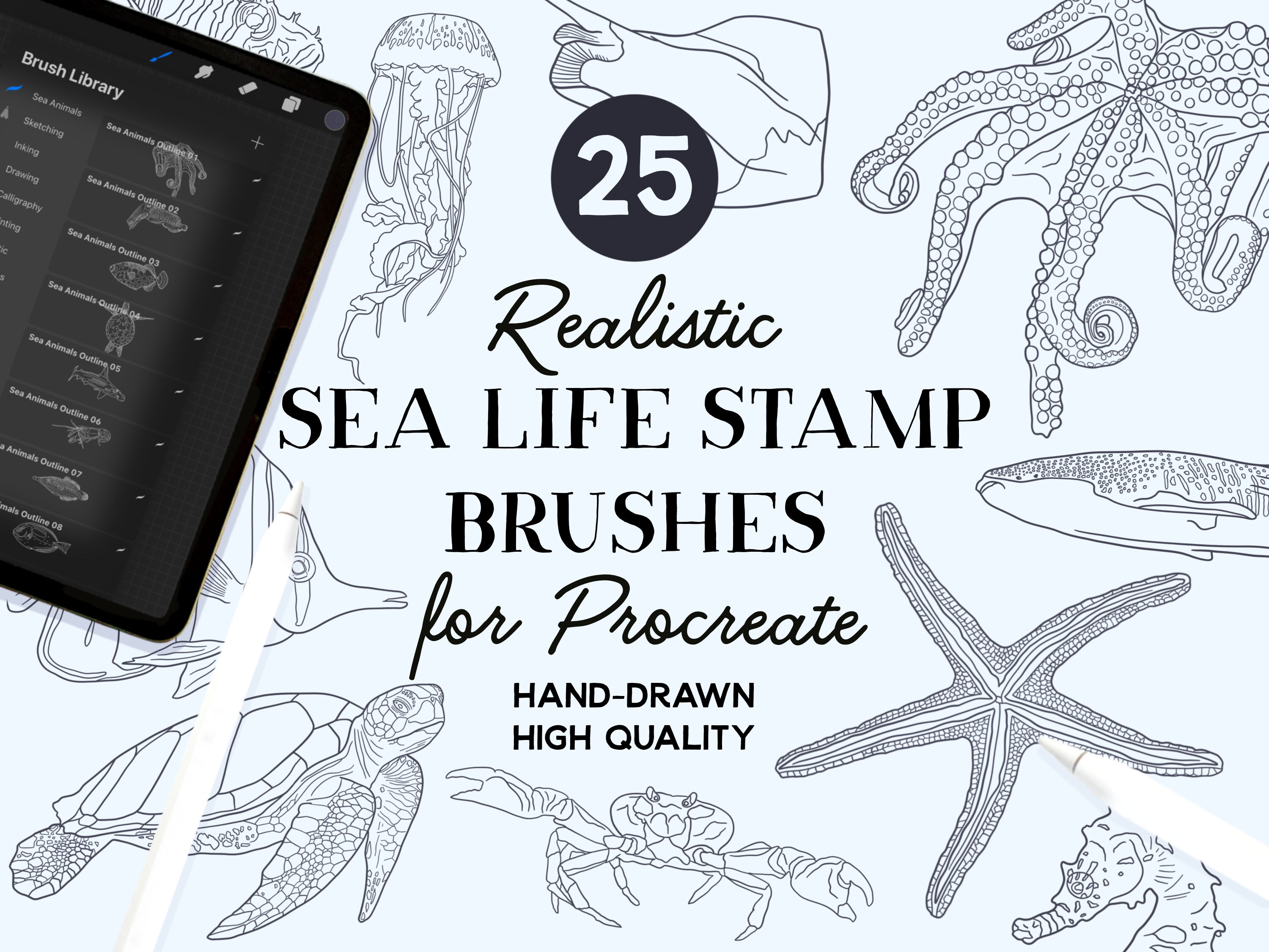 Procreate Sea Animal Stamps, 25 Stamp Brushes for Procreate, Includes ...