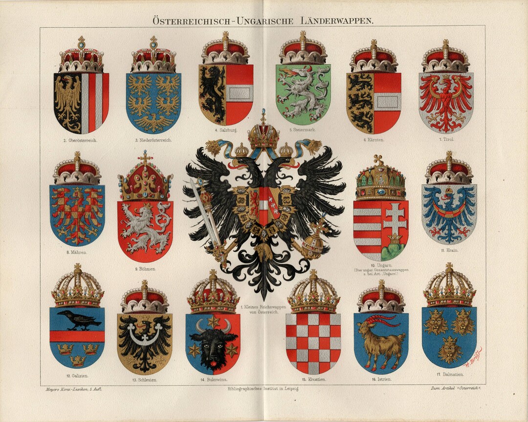 COAT OF ARMS of Austrian-hungarian Monarchy Antique Lithograph From ...