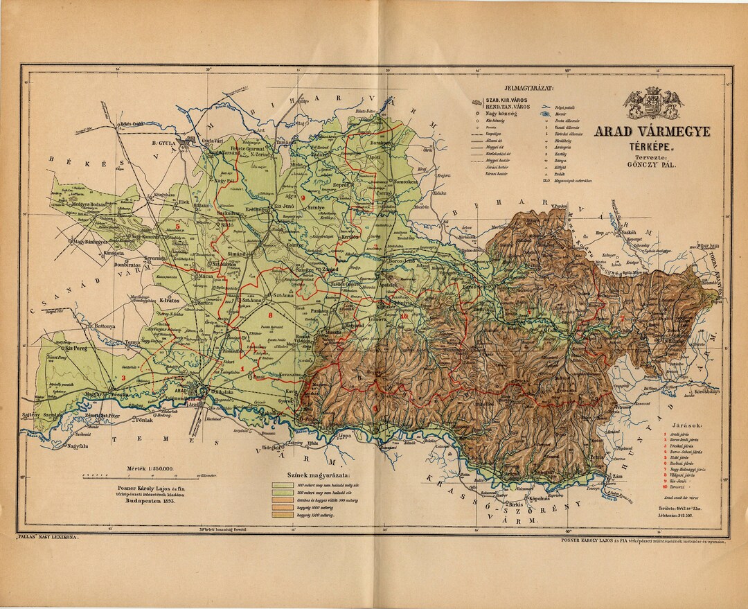 ARAD COUNTY MAP Kingdom of Hungary From 1893 - Etsy