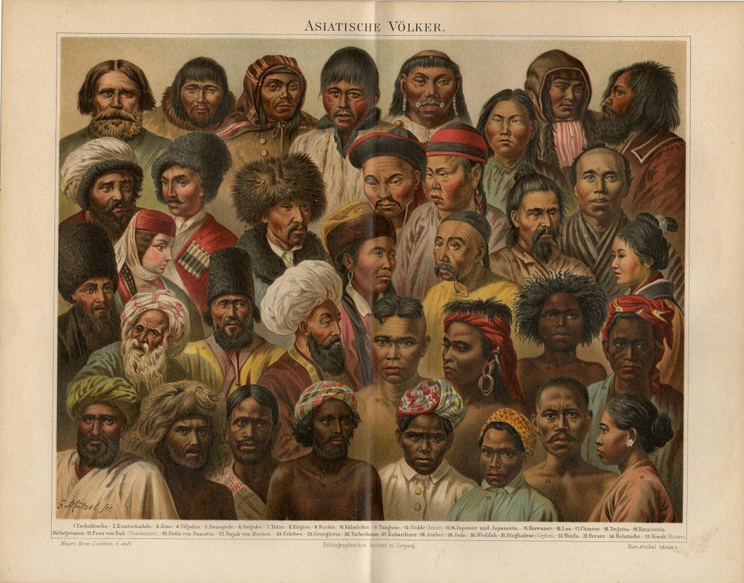 ASIAN PEOPLE PRINT Korean Japanese Persian Chinese Antique Lithograph ...