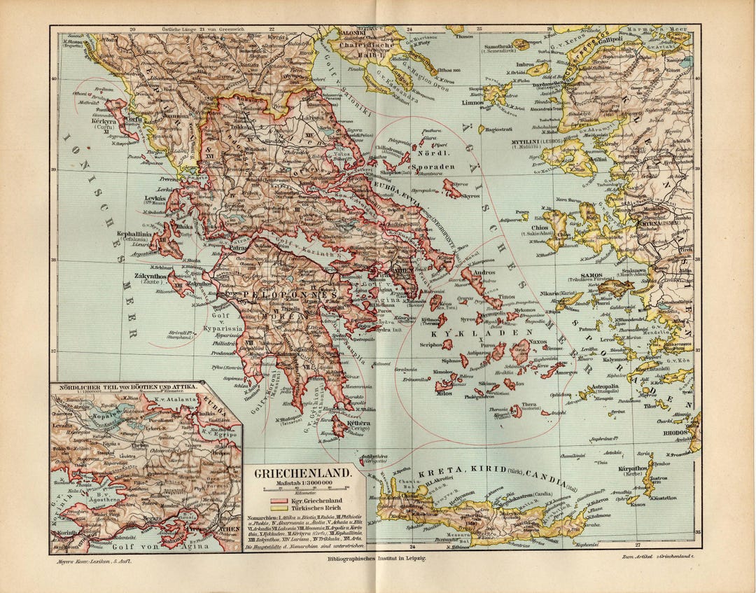 GREECE and CYCLADES MAP From 1895 - Etsy