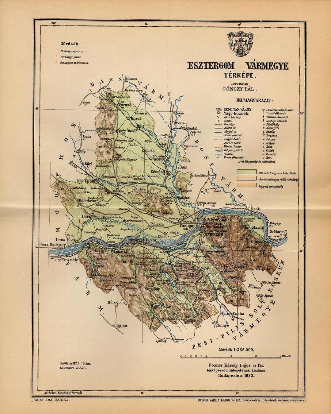 ESZTERGOM COUNTY MAP Kingdom of Hungary From 1893 - Etsy