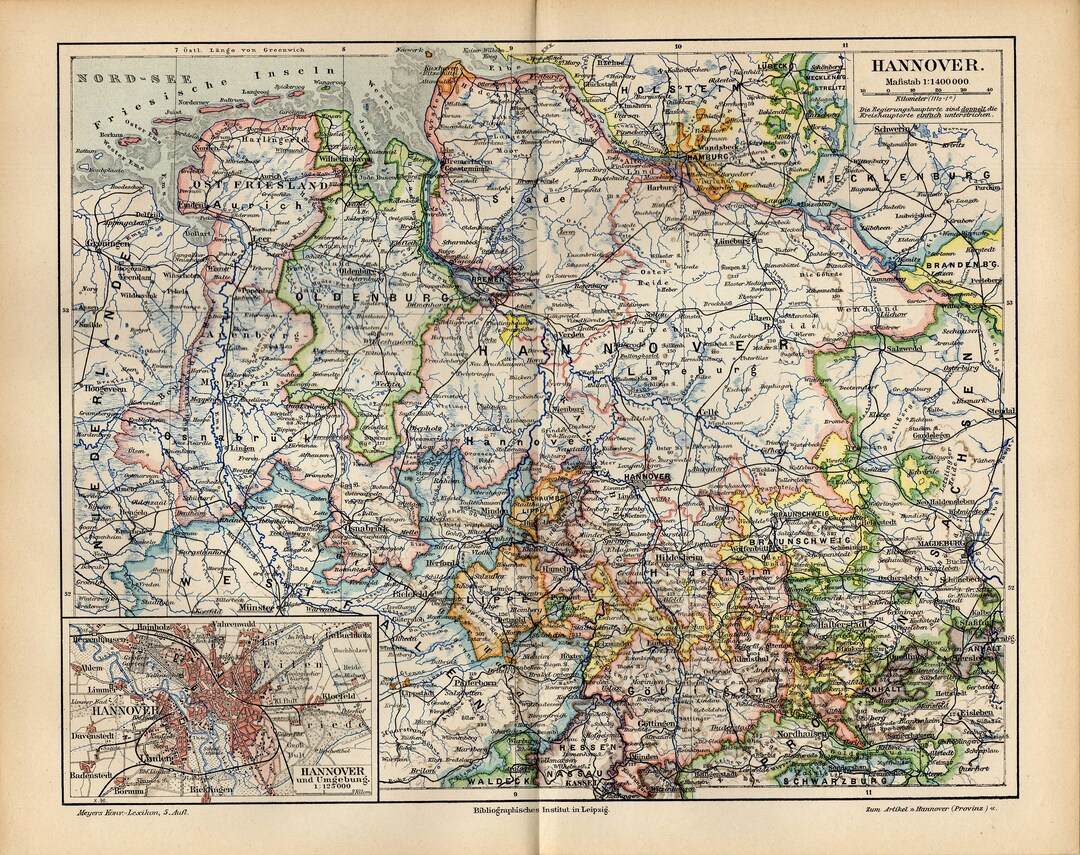 HANOVER KINGDOM GERMANY Antique Map From 1896 - Etsy