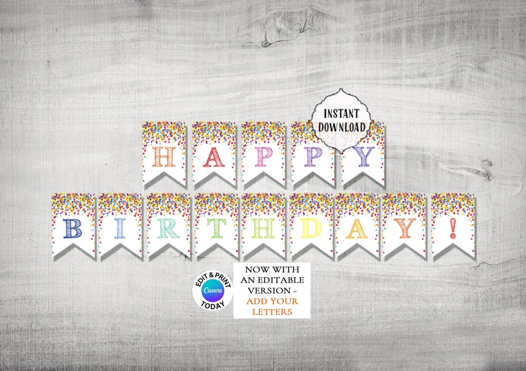 Confetti Happy Birthday Banner, Editable Rainbow Party (digital ...