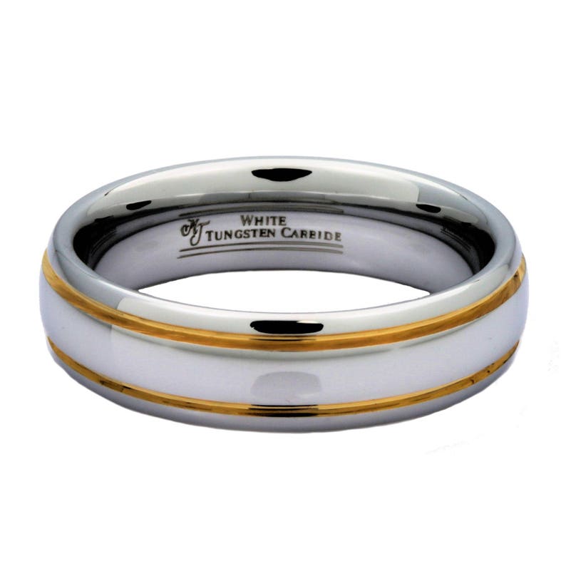 6mm Polished White Tungsten Carbide Ring 2 Gold Stripes | Etsy