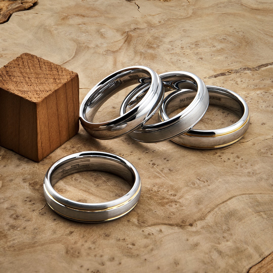 6mm Polished White Tungsten Carbide Ring 2 Gold Stripes Wedding Band ...