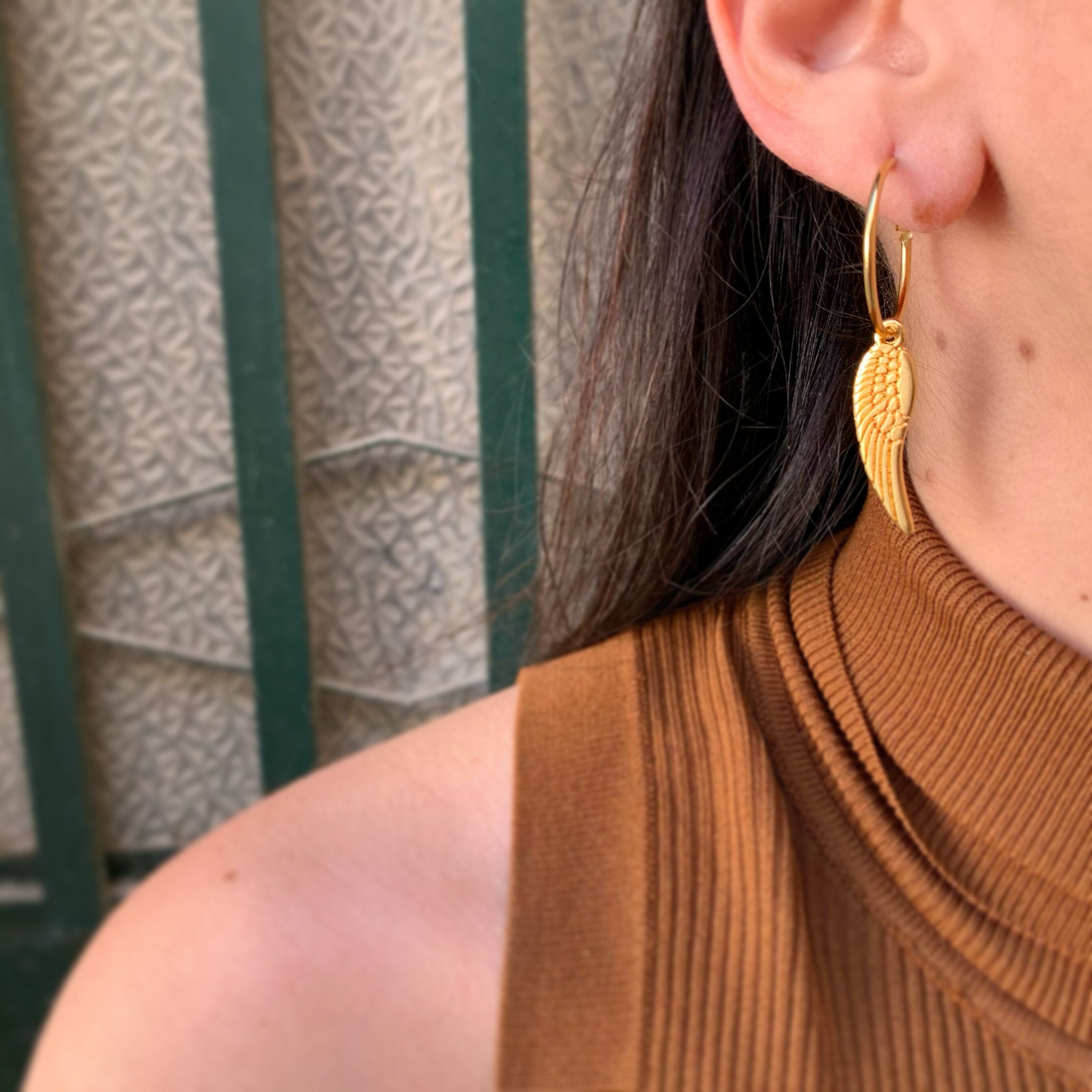 Gold Plated Feather Hoop Earrings, Boho Dangle Earrings, Made in Greece ...