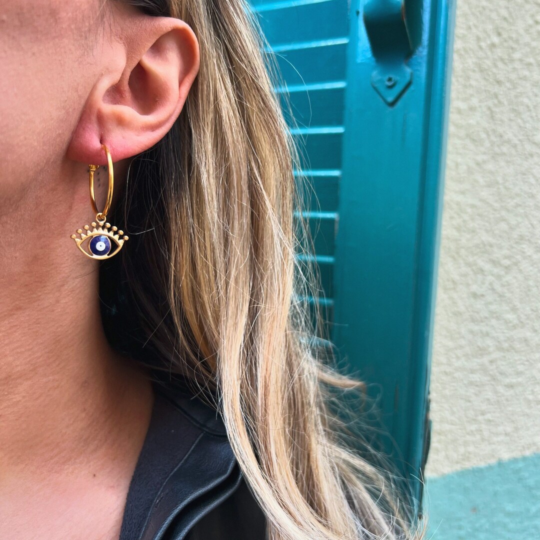 Evil Eye Earrings, Evil Eye Hoop Earrings, Greek Mati Earrings, Greek ...