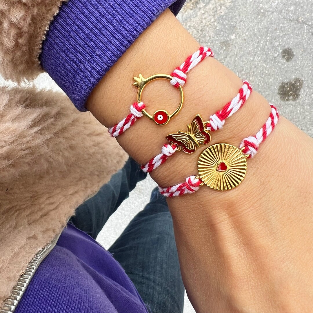 Greek Martis Bracelet: Red & White Cord, Gold Evil Eye Charm - Etsy UK
