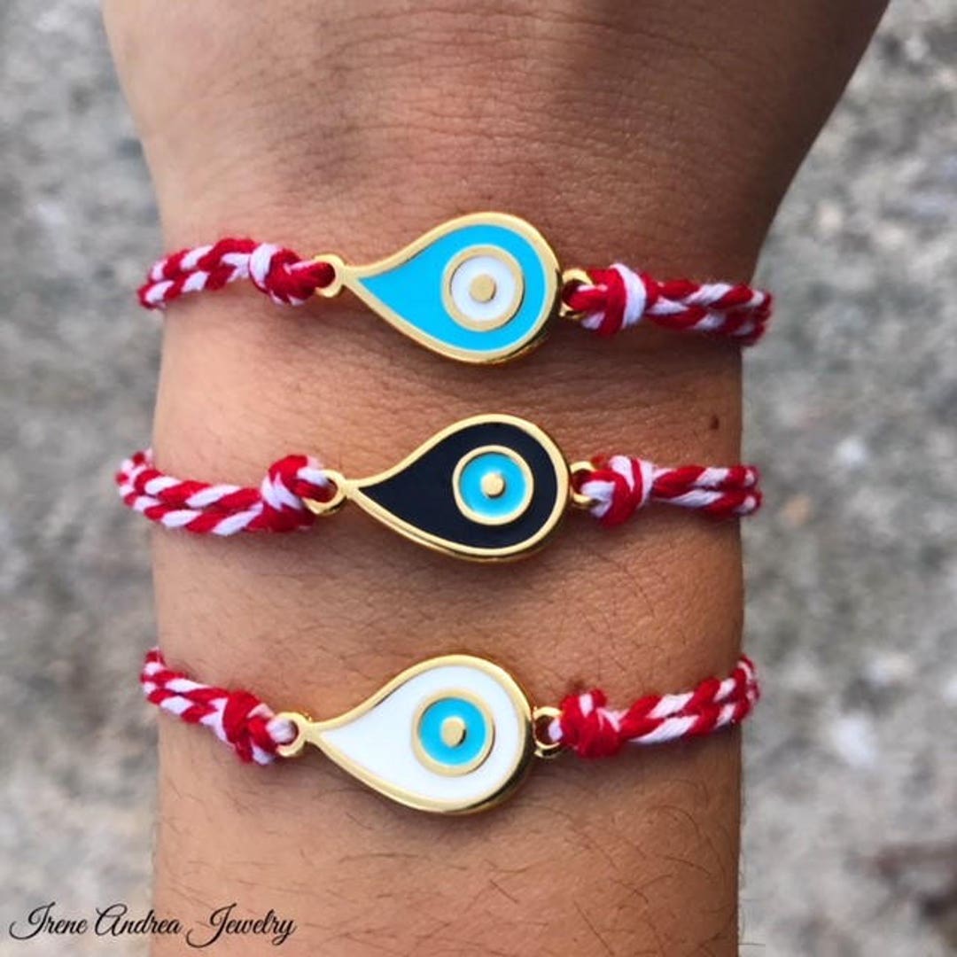 Greek Martis - Red & White Cord, Evil Eye Bracelet: Gold Plated, March ...