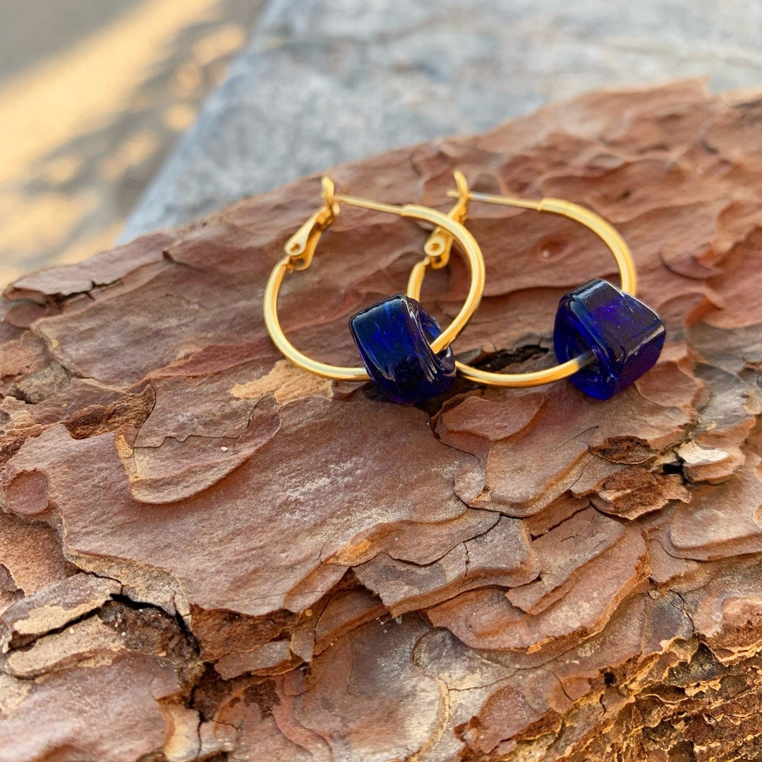 Blue Glass Bead Hoop Earrings, Gold Plated, Greek Protection Jewelry ...