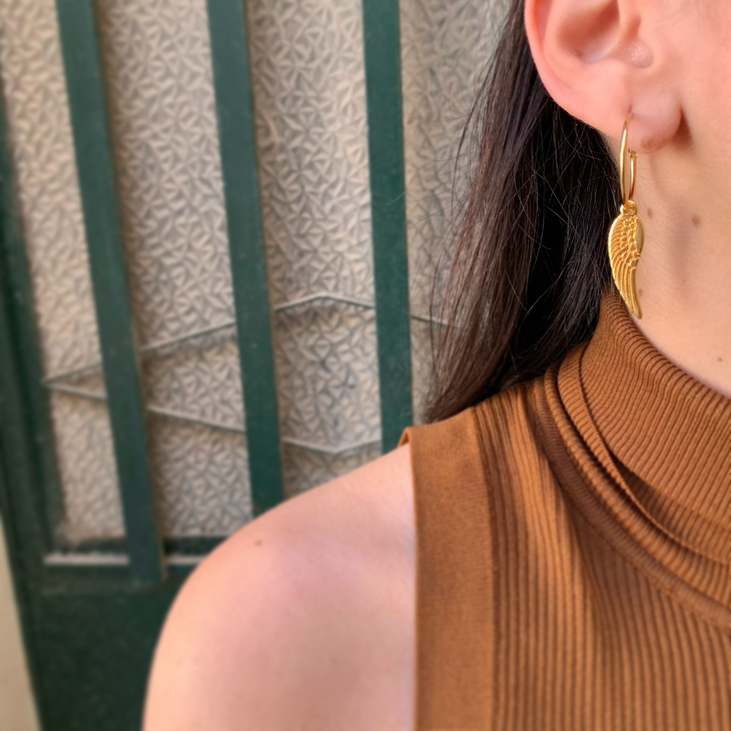 Gold Plated Feather Hoop Earrings, Boho Dangle Earrings, Made in Greece ...