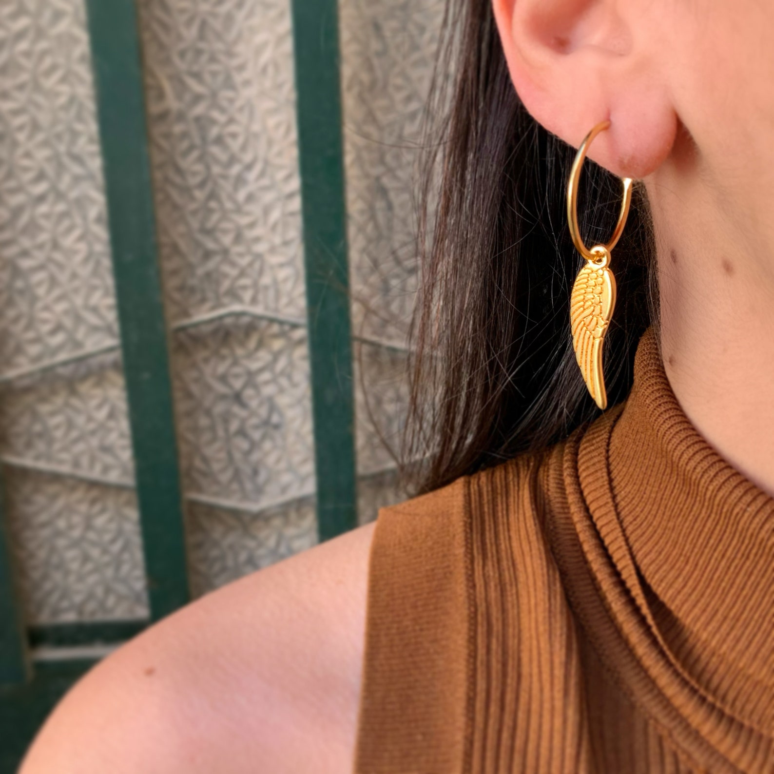 Gold Plated Feather Hoop Earrings, Boho Dangle Earrings, Made in Greece ...
