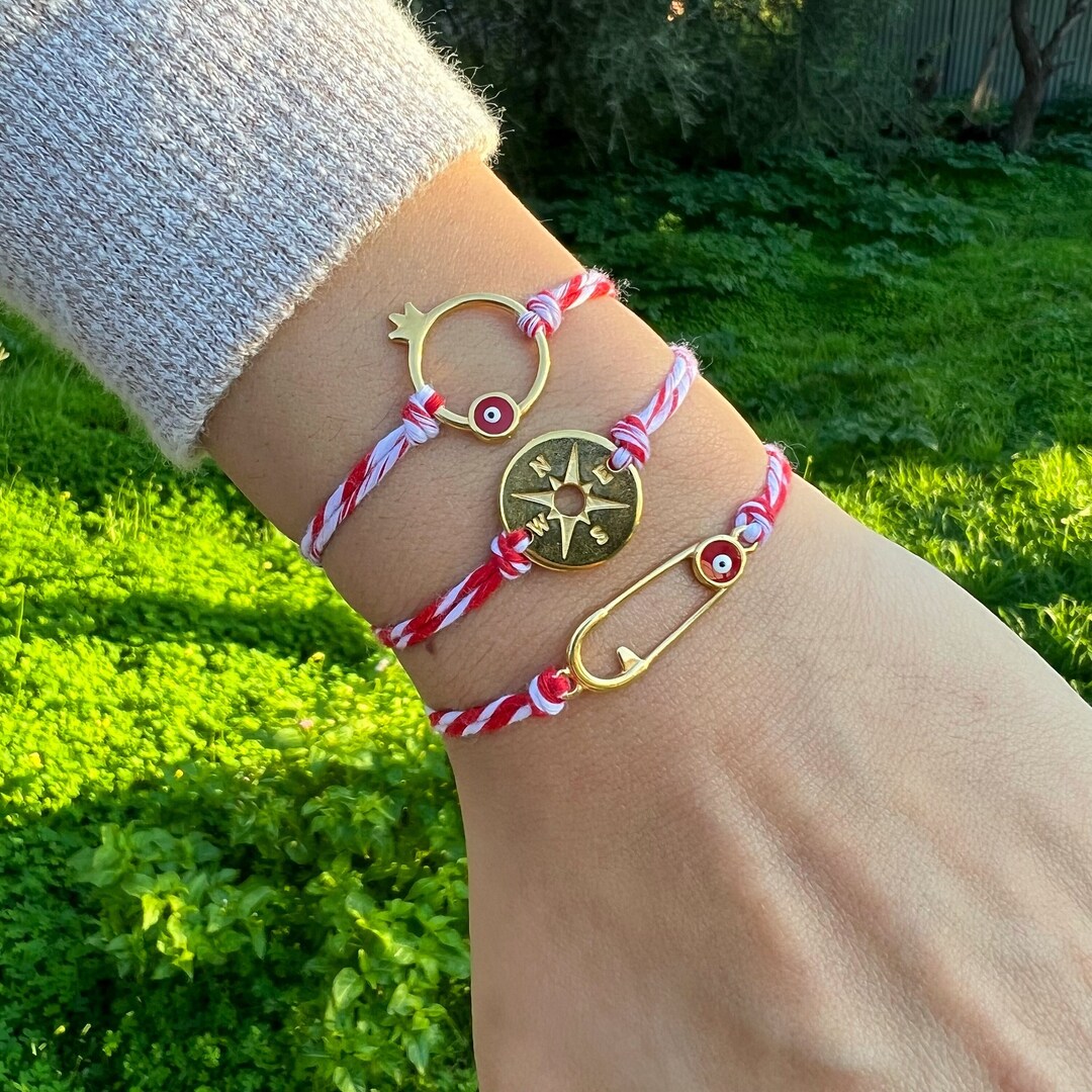 Greek Martis Bracelet, Red White Cord, Pomegranate, Compass, Safety Pin ...