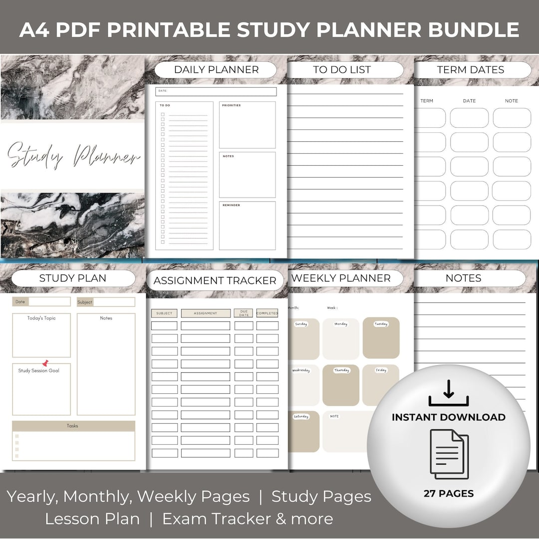 Printable Study Planner PDF Student Journal Bundle Perfect Organizer ...
