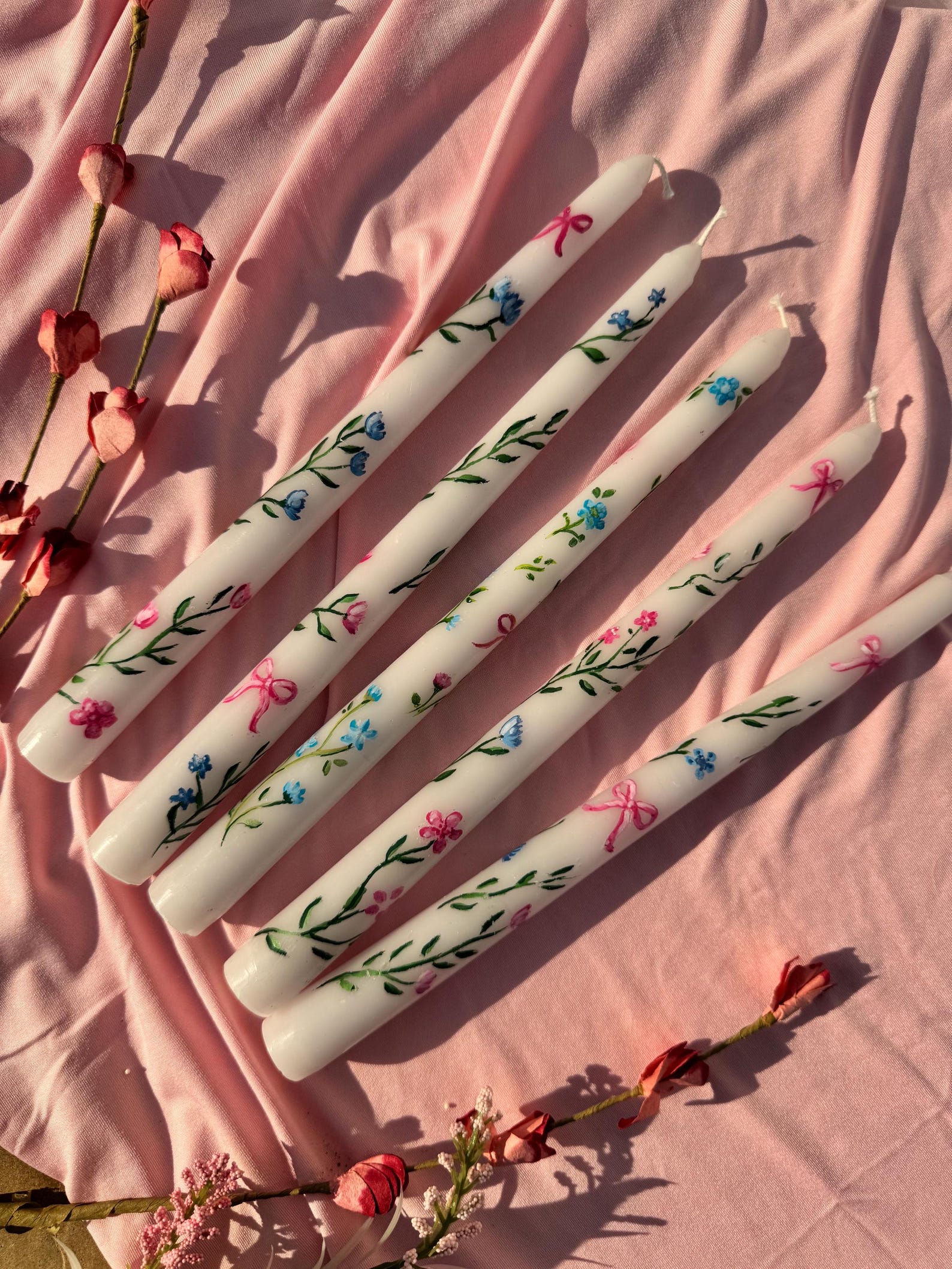 Hand Painted Candles, Bow,pink & Blue Taper Candles, Painted Candles ...