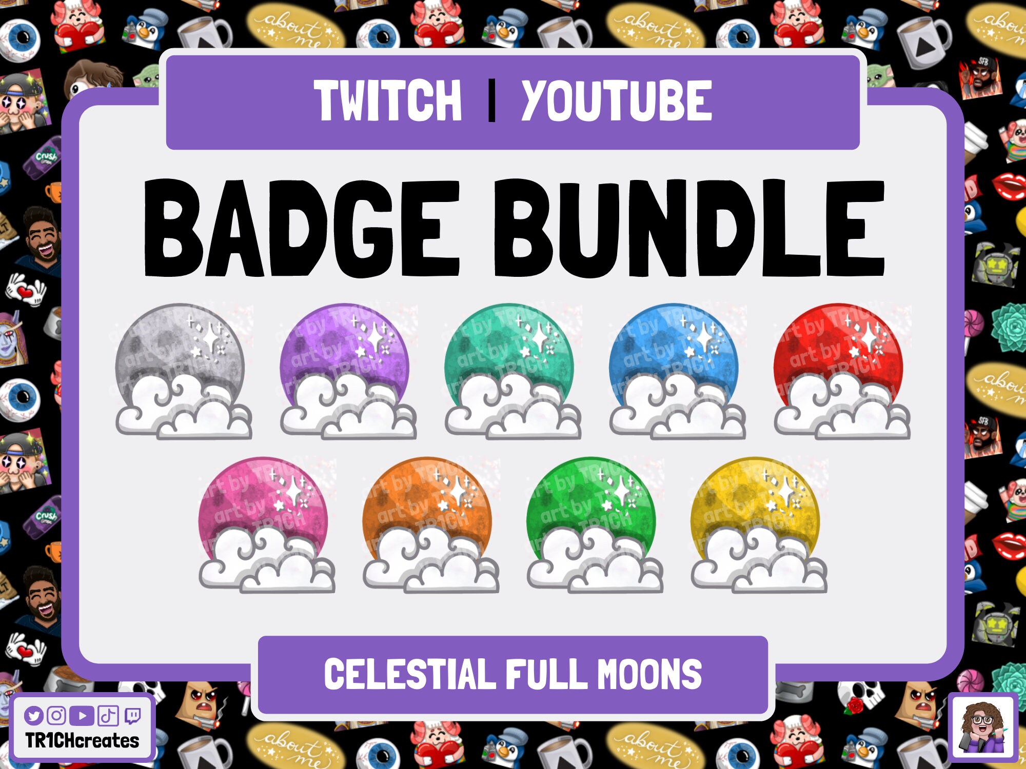 Full Moon With Clouds Twitch Bit Badges - Ready-to-use Magical Moons ...