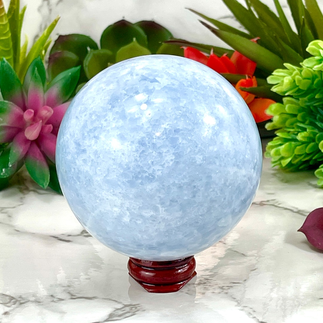 Large Blue Calcite Crystal Sphere, 76 Mm, Stand Included, Blue Calcite ...