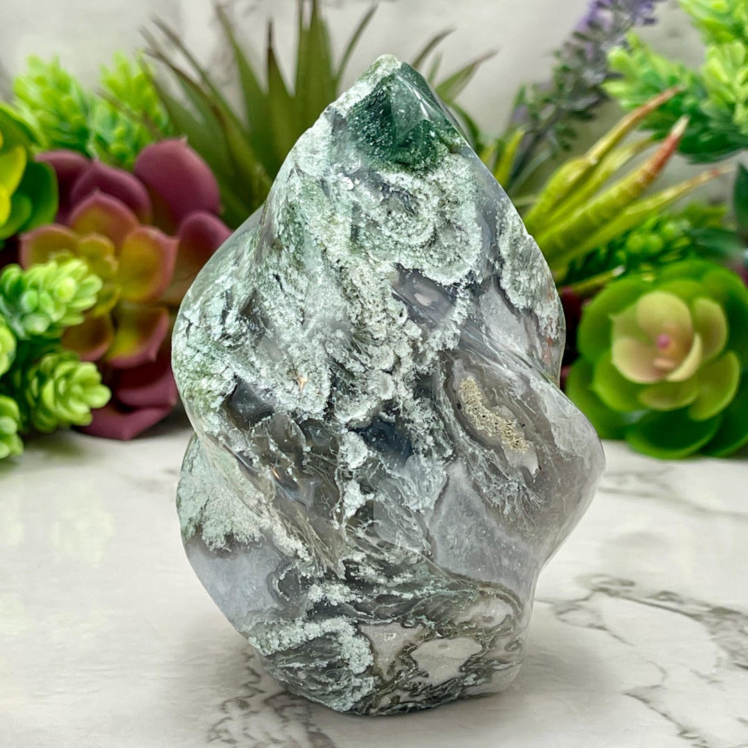 Large Moss Agate Flame, Moss Agate Tower, Tree Agate, Moss Agate ...