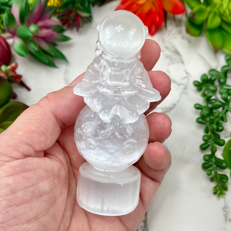 Carved Selenite Astronaut Sitting on Moon, Carved Selenite Astronaut ...