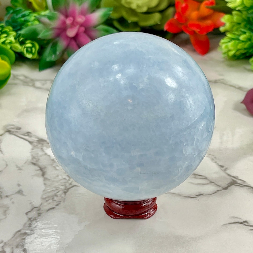 Large Blue Calcite Crystal Sphere, 76 Mm, Stand Included, Blue Calcite ...