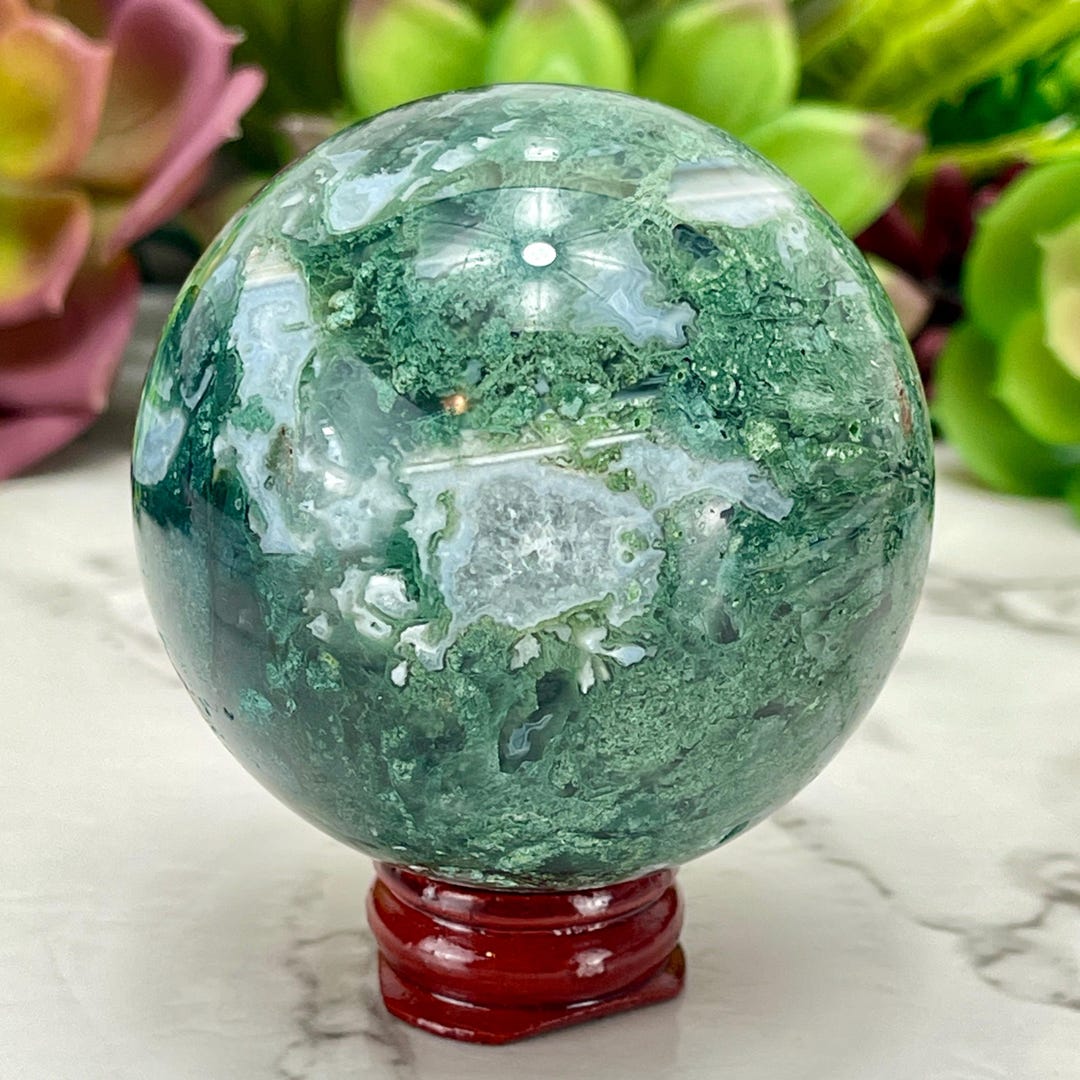 Moss Agate Sphere - Stand Included - Crystal Sphere, Home Decor ...