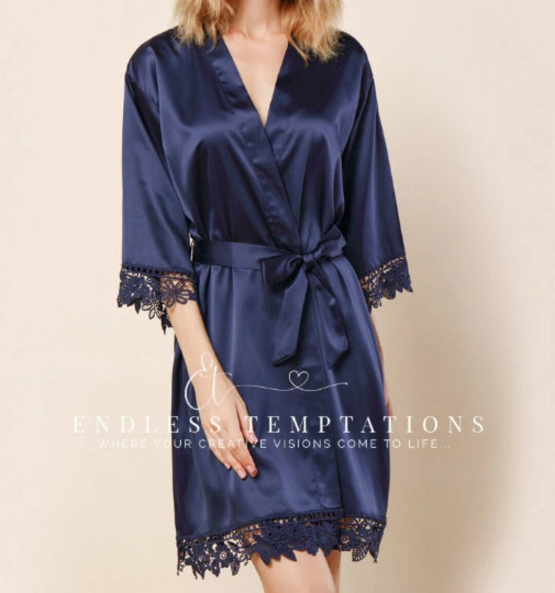 NAVY Satin Rose Lace Trimmed Robe / Bride / Bridesmaids/ Gift / Bridal ...