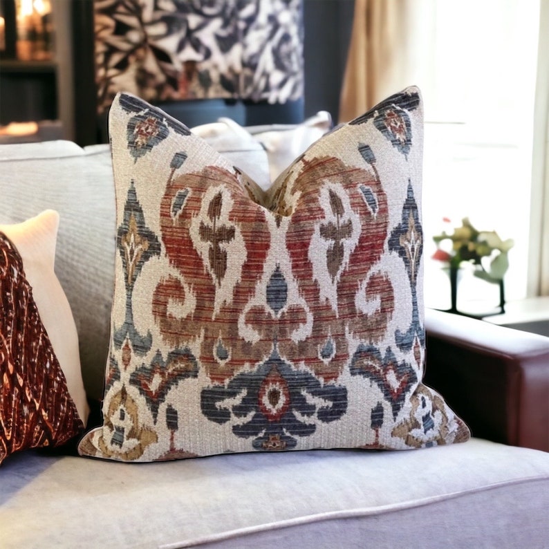 Sandoa Desert Ikat Pillow Cover: Beige Chenille, Rust & Teal - Etsy