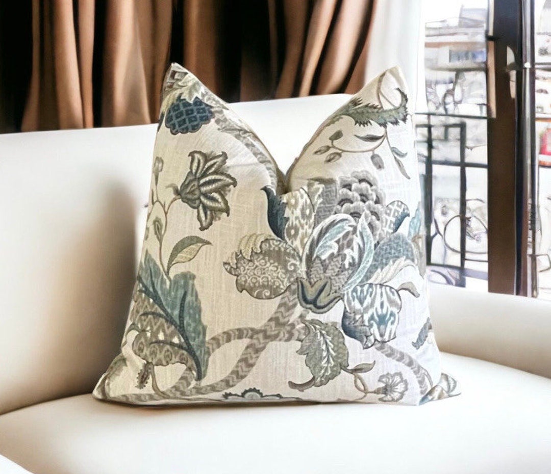 Blue Jacobean Floral Throw Pillow Cover: P. Kaufmann Designer Fabric - Etsy