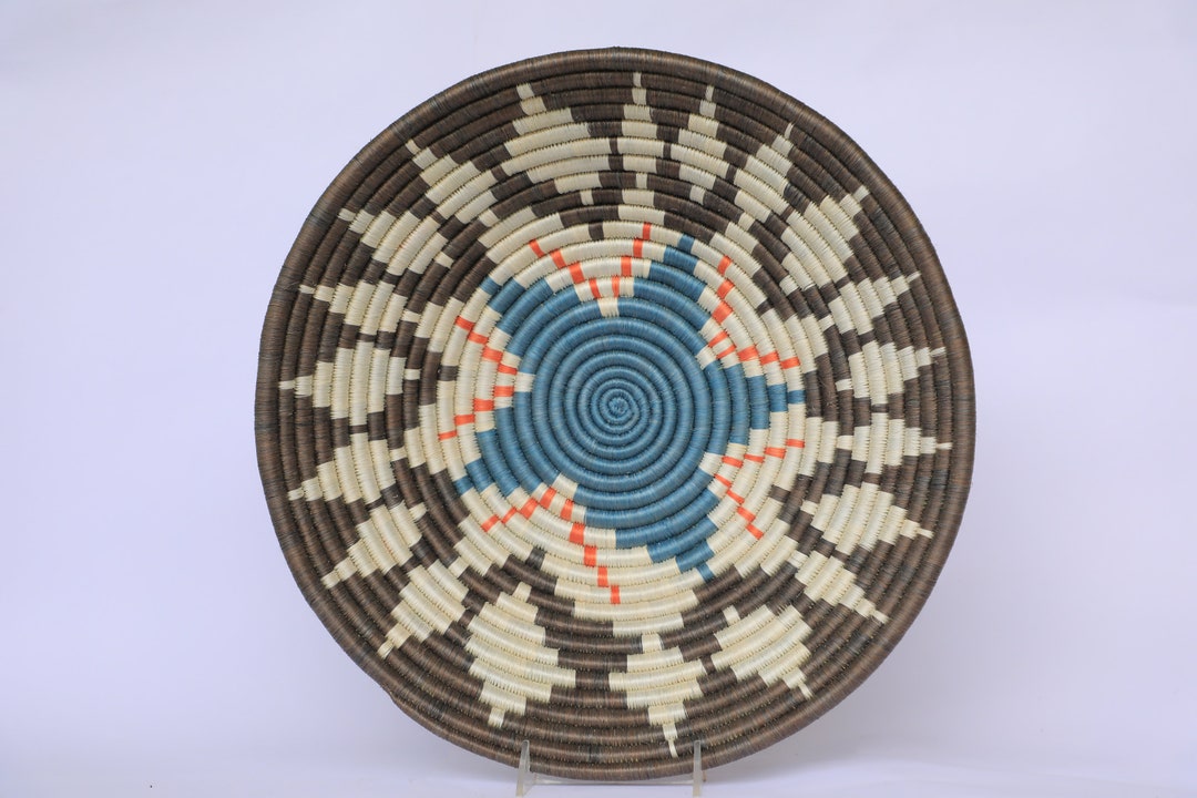 Large African Woven Wall Basket: Blue & Brown Rwanda Basket (14") - Etsy