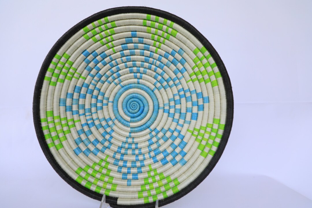 Siveta African Woven Wall Basket: Teal, Olive & Black, 16" Rwanda Art ...