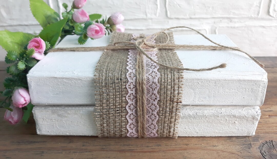 Farmhouse Stacked Books Set Decorative Books With Burlap Wrapped Book ...