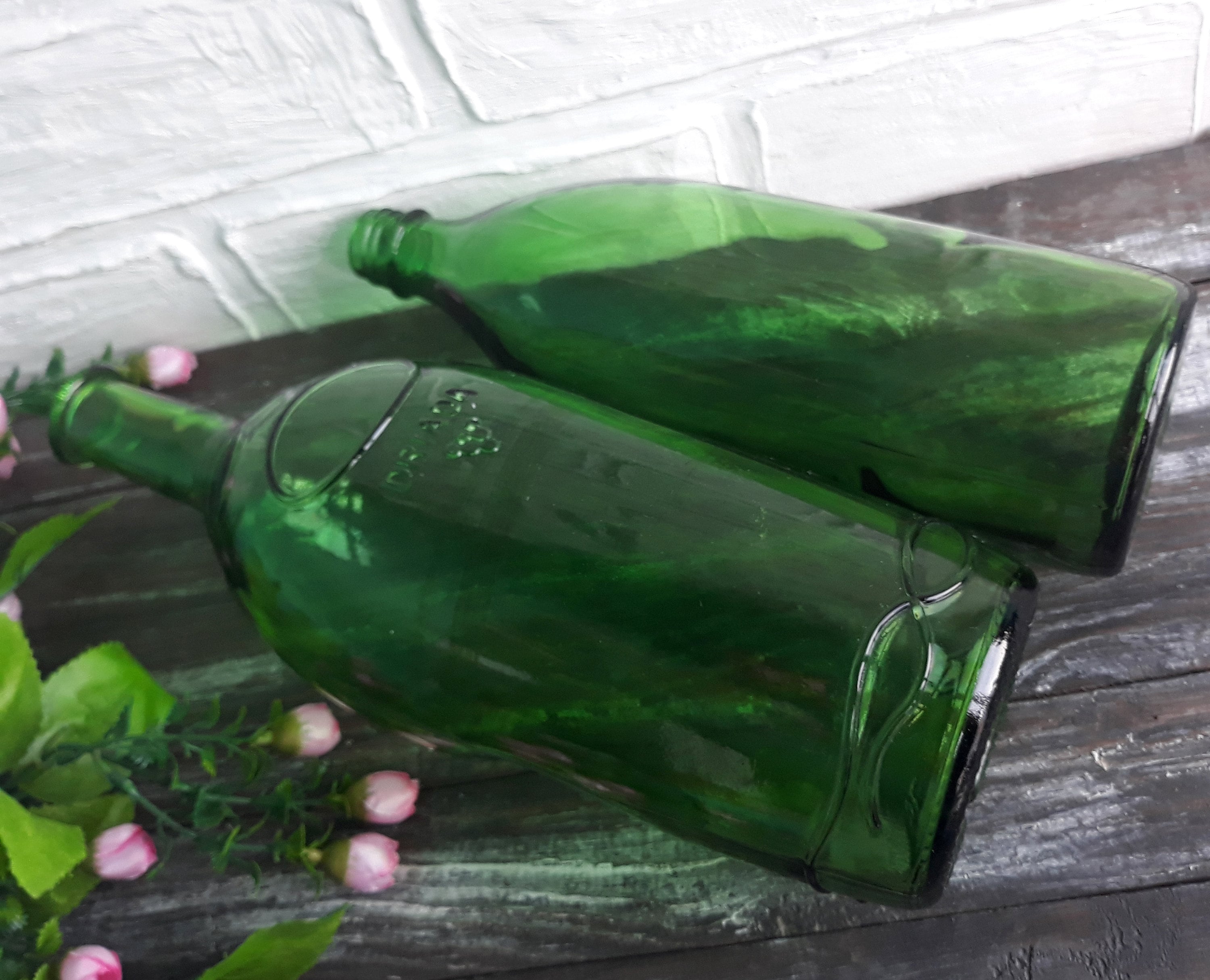 Set Of 2 Vintage Bottles Green Glass Wine Bottle Decor Antique Etsy