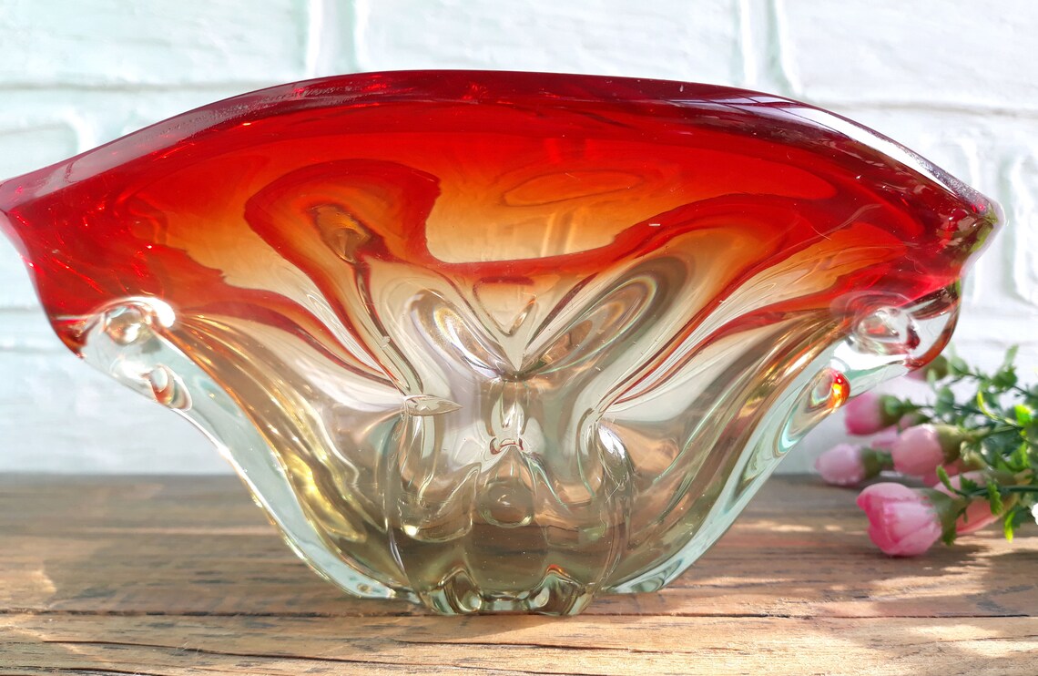 Vintage Red Glass Vase Red Glass Candy Bowl Vintage Glass | Etsy