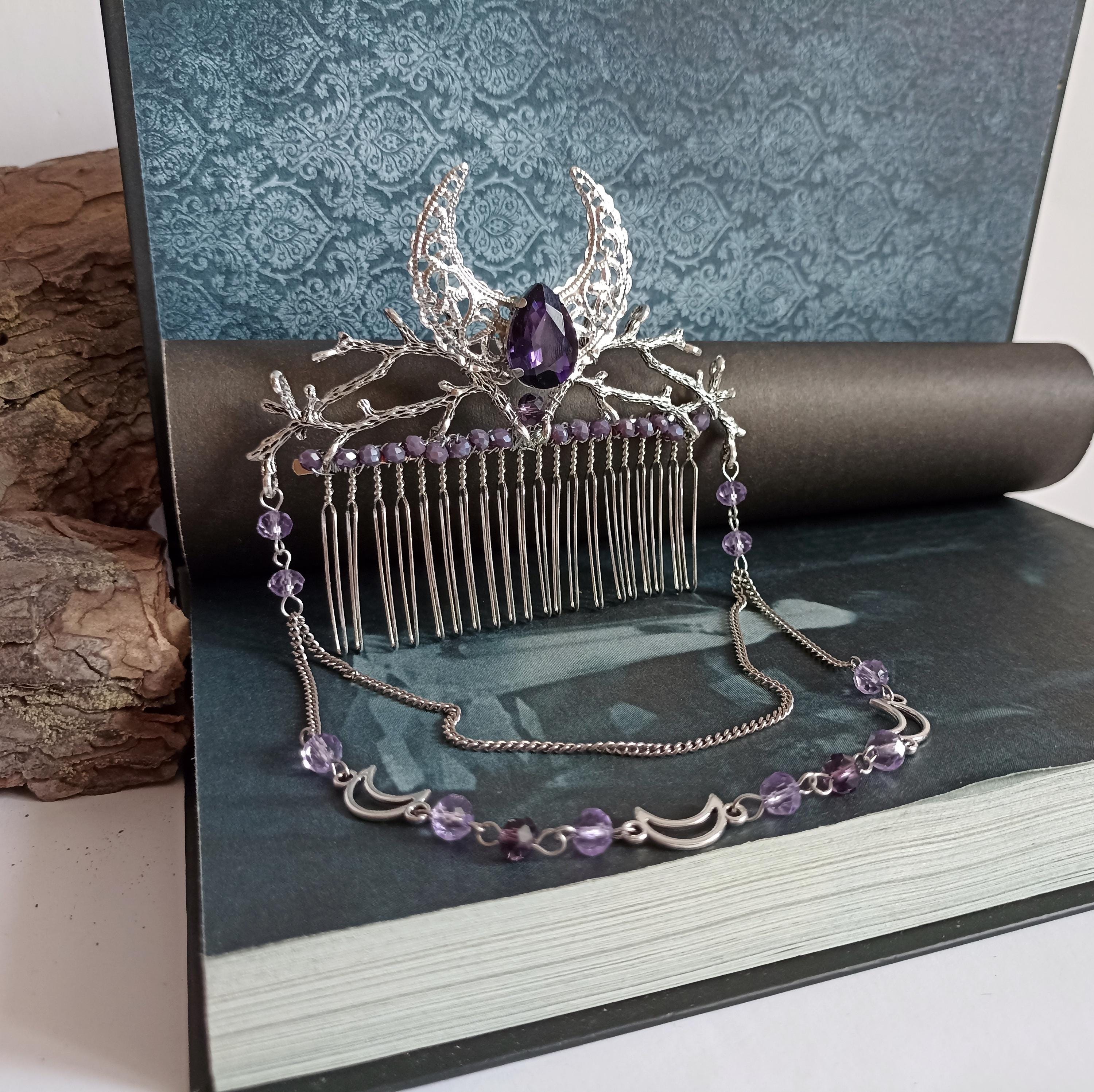 Goth Hair Comb Purple Silver Moon Hair Clip With Chain Moon Hair ...